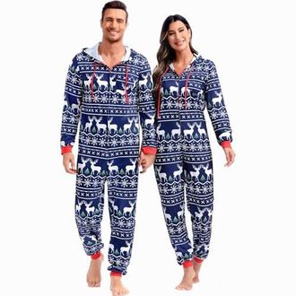Grebrafan Pyjama No&euml;l Couple Combinaison Christmas Capuche Famille V&ecirc;tements de Nuit Homme Bleu Medium
