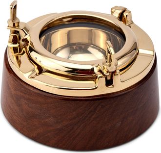 NKlaus Nautischer 12cm Bullaugenascher auf Sockel rund Messing Holz Aschenbecher maritim für Boot und Terrasse 11511