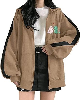 Generic Vestes d&eacute;contract&eacute;es &agrave; capuche pour femmes 2026 avec fermeture &eacute;clair et poche &agrave; cordon de serrage imprim&eacute; dinosaure, kaki, XL