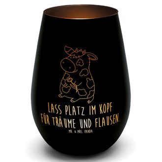 Mr. & Mrs. Panda Gold Windlicht Kuh - Geschenk, Kerze, Tr&auml;ume, Spruch, Bauernhof, Windlicht Gravur, Landwirt, Teelicht aus Glas, Teelicht, Magie