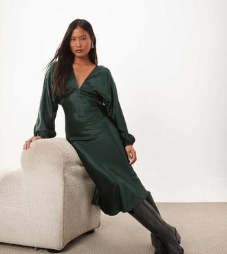 Nobody's Child Allura Satin-Maxikleid mit Ballon&auml;rmeln und tiefem Ausschnitt in Dunkelgr&uuml;n