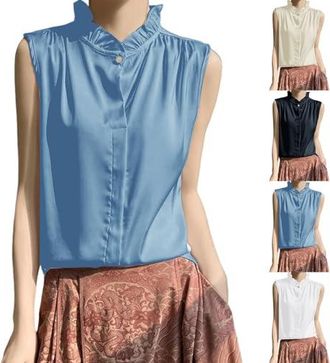 Generic Chemisier d&eacute;t&eacute; en satin pour femme - Col montant - Sans manches - Avec volants - &Eacute;l&eacute;gant - Pour f&ecirc;te - D&eacute;contract&eacute; - Couleur unie - D&eacute;bardeur daffaire