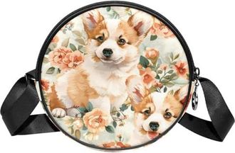 Generic Sac &agrave; bandouli&egrave;re rond pour femme, petit sac &agrave; bandouli&egrave;re Corgi floral avec fermeture &eacute;clair, bretelles r&eacute;glables, sac &agrave; main rond d&eacute;contract&eacute; pour f