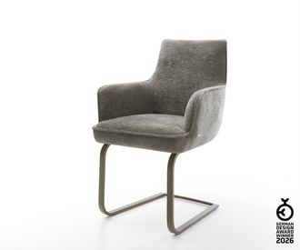 DELIFE Freischwinger Heira-Flex mit Armlehnen Boucl&eacute; Soft Schlamm Freischwinger flach Effektfinish Titan Taschenfederkern, Esszimmerst&uuml;hle