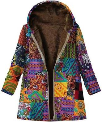 Generic Vestes dhiver patchwork pour femmes manteau de No&euml;l d&eacute;contract&eacute; imprim&eacute; cr&eacute;atif &agrave; capuche style ethnique poches, Orange, 3X-Large