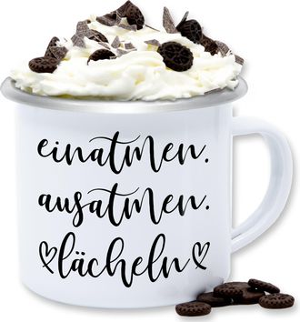 Shirtracer Emaille Tasse Blechtasse - Statement Sprüche - Einatmen Ausatmen Lächeln - 300 ml - Weiß Silber - mit spruch sarkasmus inhale tassen spruechen exhale 