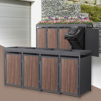 ML Design ML-Design M&uuml;lltonnenbox 4er mit Pflanzdach, M&uuml;lltonnenverkleidung 4 Tonne, 240L, 260x80x124 cm, Anthrazit-Eiche dunkel, aus Stahl, wetterfest, M&uuml;llbox