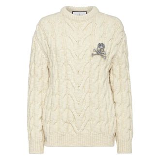 Philipp Plein Femme, Pulls, Blanc, Taille: 38 FR Pull en maille torsad&eacute;e en laine avec broche