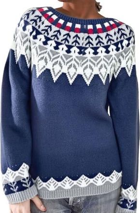 Generic Pull pour femme - Pull habill&eacute; tendance &agrave; rayures - Imprim&eacute; vintage - Col rond - Confortable - Doux et chaud - Pull surdimensionn&eacute; en tricot &agrave; manches