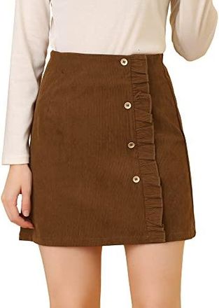 Allegra K Jupe Portefeuille en Velours c&ocirc;tel&eacute; Vintage pour Femmes avec Garniture &agrave; Volants et Taille Haute Brun M