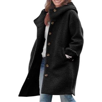 Generic Manteau dhiver long en laine &agrave; boutonnage simple pour femme, manteau dhiver &agrave; capuche surdimensionn&eacute; &agrave; capuche, Noir, 3XL