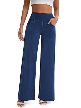 Generic Jean large pour femme - Pantalon de surv&ecirc;tement extensible &agrave; taille &eacute;lastique - Pantalon en jean ample &agrave; enfiler - Pantalon de yoga ample - Pantalon d