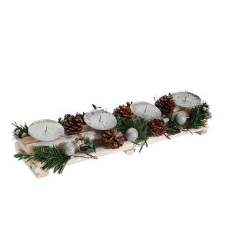 Mendler Adventsgesteck HWC-M12 mit Kerzenhaltern, Adventskranz Weihnachtsdeko Holz Silber wei&szlig; 18x49x13cm - ohne Kerzen