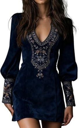 Generic Robe moulante vintage en faux daim brod&eacute; avec manches longues et col en V pour femme, bleu, L