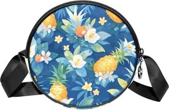 Generic Petit sac &agrave; bandouli&egrave;re rond pour femme, motif ananas avec fermeture &eacute;clair, bretelles r&eacute;glables, sac &agrave; main rond d&eacute;contract&eacute; pour femmes et filles