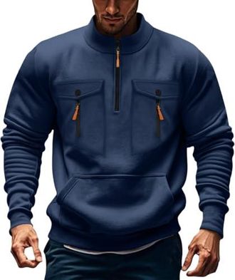 Generic Sweat-shirt sans capuche en polaire pour homme - Demi-fermeture &eacute;clair - Manches longues - Coupe droite - Confortable - T-shirt dext&eacute;rieur doux - Prin