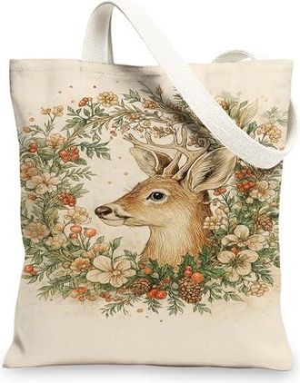 Generic Sacs fourre-tout en toile de cerf, sacs dépicerie réutilisables, motif floral sauvage, vintage, respectueux de lenvironnement, lavable avec bandoulièr