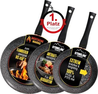 STONELINE Ceramic Lot de 3 Po&ecirc;les 20/24/28 cm, adapt&eacute;e &agrave; lInduction, Rev&ecirc;tement Antiadh&eacute;sif avec de Vraies Particules de Pierre, Cuire, R&ocirc;tir et Mijoter sans Hu