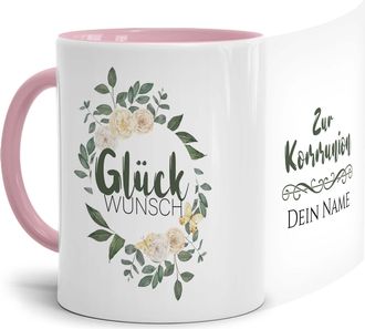 Tassendruck Personalisierte Tasse zur Kommunion mit Spruch und Name - Rosenkranz - Glückwunsch - Kommuniongeschenke mit Name personalisiert, Namenstassen | 300 ml
