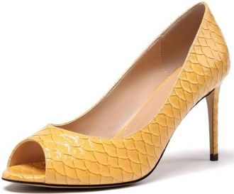elashe Escarpins Femme Talon Haut - 8CM Escarpins Peep Toe - Escarpins Femms Bout Ouvert Talon de Soirée Mariage Écaille de Poisson jauneEU38