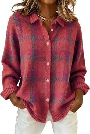 Generic Cardigan boutonn&eacute; d&eacute;contract&eacute; &agrave; imprim&eacute; &eacute;cossais pour femme, cardigan en tricot duveteux, d&eacute;contract&eacute;, cardigan court en tricot &agrave; carreaux, 10270119, 