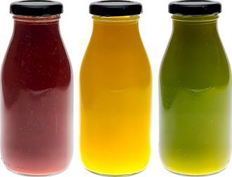 COS 3 x 250 ml Glas-Milchflasche mit hübschem schwarzen Deckel, kleine Gläser für Milch, Fruchtsaft, Smoothies