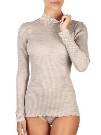 EGi Exclusive Collections Haut &agrave; manches longues en laine m&eacute;rinos m&eacute;lang&eacute;e avec bordure en dentelle. Fi&egrave;rement fabriqu&eacute; en Italie., Col montant Noce, L-XL