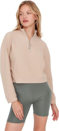 Trendyol Damen mit Stehkragen, Einfarbig Sweatshirt, Camel, L EU