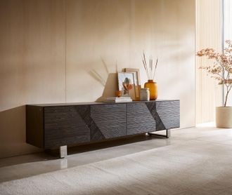 DELIFE Lowboard Tereos 220 cm Esche Dunkelbraun 3D Effekt 4 Türen Kufe Edelstahl gebürstet, Lowboards