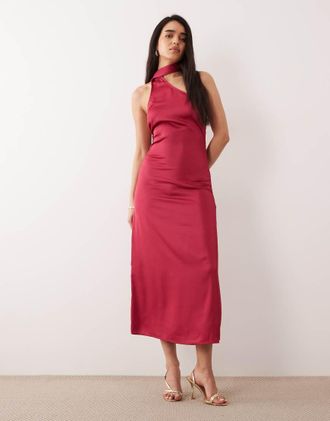 Only Only - Robe longueur mollet asym&eacute;trique avec d&eacute;tail foulard - Rose fonc&eacute;