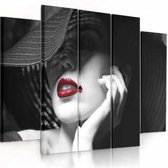 Feeby Leinwandbild - 5 Teile - Bilder, Wand Bild, Wandbilder, Kunstdruck XXL, 5-Teilig, Typ B, 150x100 cm, FRAU, ROT, LIPPEN, HUT, WEIß, SCHWARZ
