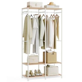 Songmics Kleiderschrank offen, Kleiderständer, Garderobenständer, Garderobe mit Kleiderstange, Ablagen, abnehmbare Haken, 40 x 94,5 x 180 cm, naturbeige RGR004