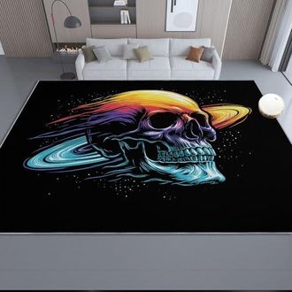 Generic Noir Tapis pour Salon 140 x 200 cm, Lavables avec Dos Antid&eacute;rapant, Tapis &agrave; Poils Courts Imprim&eacute; Fantaisie Gothique Cr&acirc;ne pour Cuisine Salle &agrave; Manger 