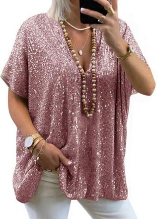 Minetom Femmes T-Shirt Manche Courte Col V Chemisier Haut Lâche Oversize Blouse Paillettes Brillantes Tops Tee Shirt A1 Rose XXL