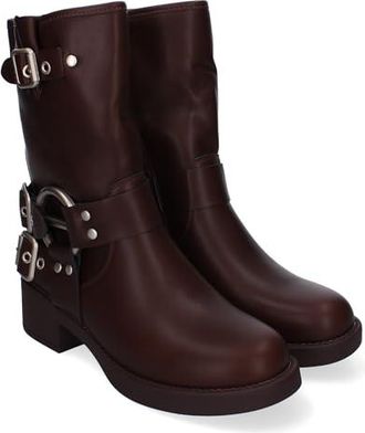 Shoes & Blues Bottines de motard pour femme, confortables et &eacute;l&eacute;gantes, d&eacute;tails avec boucles, bout rond, fermeture &eacute;clair lat&eacute;rale, id&eacute;ales pour lautomne et lhiver.