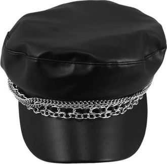 Hemobllo Casquette Marine Ajustable en Cuir PU Noir avec Double Cha&icirc;ne, Visi&egrave;re Courte Plate, B&eacute;ret R&eacute;tro F&eacute;minin pour Tenue Urbaine, Protection UV et Confort 