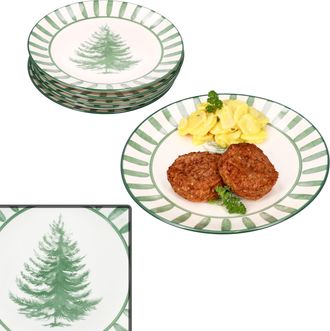 MamboCat 6er Set Wald grün Speiseteller I große Steingut-Essteller für 6 Personen mit Tanne & gestreiftem Rand I Geschirr für Weihnachten, Advent & Nikolaus