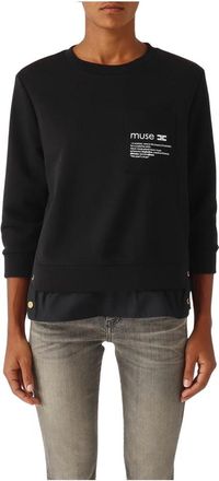 Elisabetta Franchi Femme, Sweatshirts et sweats &agrave; capuche, Noir, Taille: 38 FR Fleece Top with Poplin Details