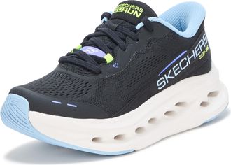Skechers Damen Max Cushioning Glide Step Caledonia Hands Free Slip-ins Sneaker, Black Textile/Blue Trim, 37.5 EU