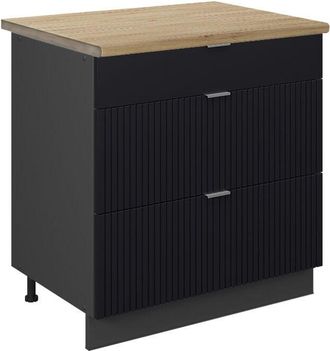 Vicco Meuble cuisine Fame-Line, Noir rayé, 80 cm avec 3 tiroirs, pt Chêne