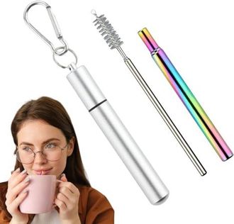 Generic Pailles de voyage r&eacute;utilisables, t&eacute;lescopiques portables - Pailles m&eacute;talliques r&eacute;utilisables avec 1 &eacute;tui, 1 brosse de nettoyage, 1 porte-cl&eacute;s, accesso