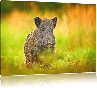 Pixxprint kleines einzelnes Wildschwein am Waldboden, Gr&ouml;&szlig;e: 80x60cm, Leinwandbild, fertig gespannt, Wandbild, Dekoration, Kunstdruck, kein Poster