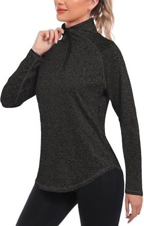 iClosam T Shirt Femme Sport Manche Longue Tee Shirt de Yoga Femme Fitness Haut de Sport Femme Fitness Chemises de Course 1/4 Zip Séchage Rapide Respirant Noir