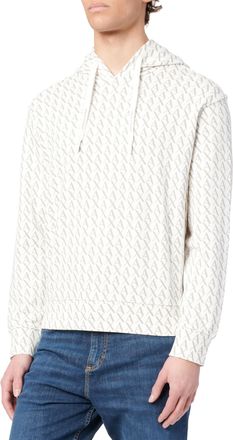 A|X Armani Exchange Mens Essential, All Over Logo Hooded Sweatshirt, Off White/Ash Allover, Small