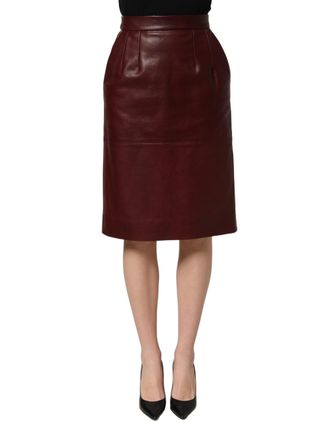 Dolce & Gabbana Womens Burgundy Leather High Waist Pencil Midi Skirt Lamb Calf