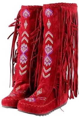 E.SSUE Botte Haute Jusquau Genou Femme Western Frange Botte D&eacute;contract&eacute;es Respirantes Bottes de cowboy confortables Bottes hautes pour femme &agrave; talon plat Got