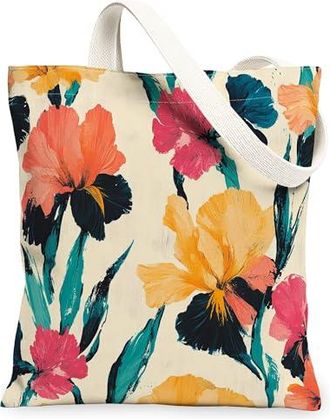 Generic Sac fourre-tout en toile r&eacute;utilisable avec motif floral diris printaniers pour le shopping, 33 x 38 cm, motif floral r&eacute;tro vintage, sac d&eacute;picerie pour
