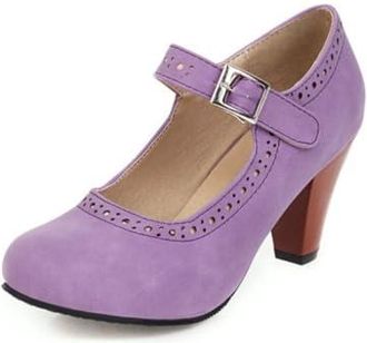Generic Bout Rond Mary Jane Talons Retro Bloc Talon Usure Quotidienne Chaussures Cheville Sangle Bureau Robe Pompes,Violet,38 EU