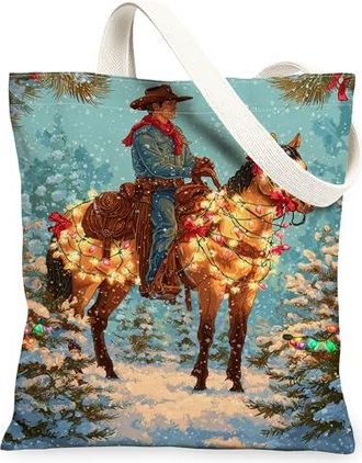 Generic Sacs fourre-tout en toile motif cheval de No&euml;l, motif cowboy, sacs d&eacute;picerie r&eacute;utilisables, rustiques, l&eacute;gers et lavables pour lext&eacute;rieur, voyage 33 x