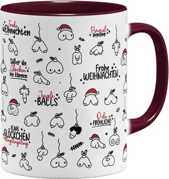 OM3 Lustige Jingle Balls Weihnachts Kaffee-Tasse mit Penisse - Pimmel Tasse Penis-Muster Doodle - Keramik Becher - 325ml - Beidseitig Bedruckt - Bordeaux